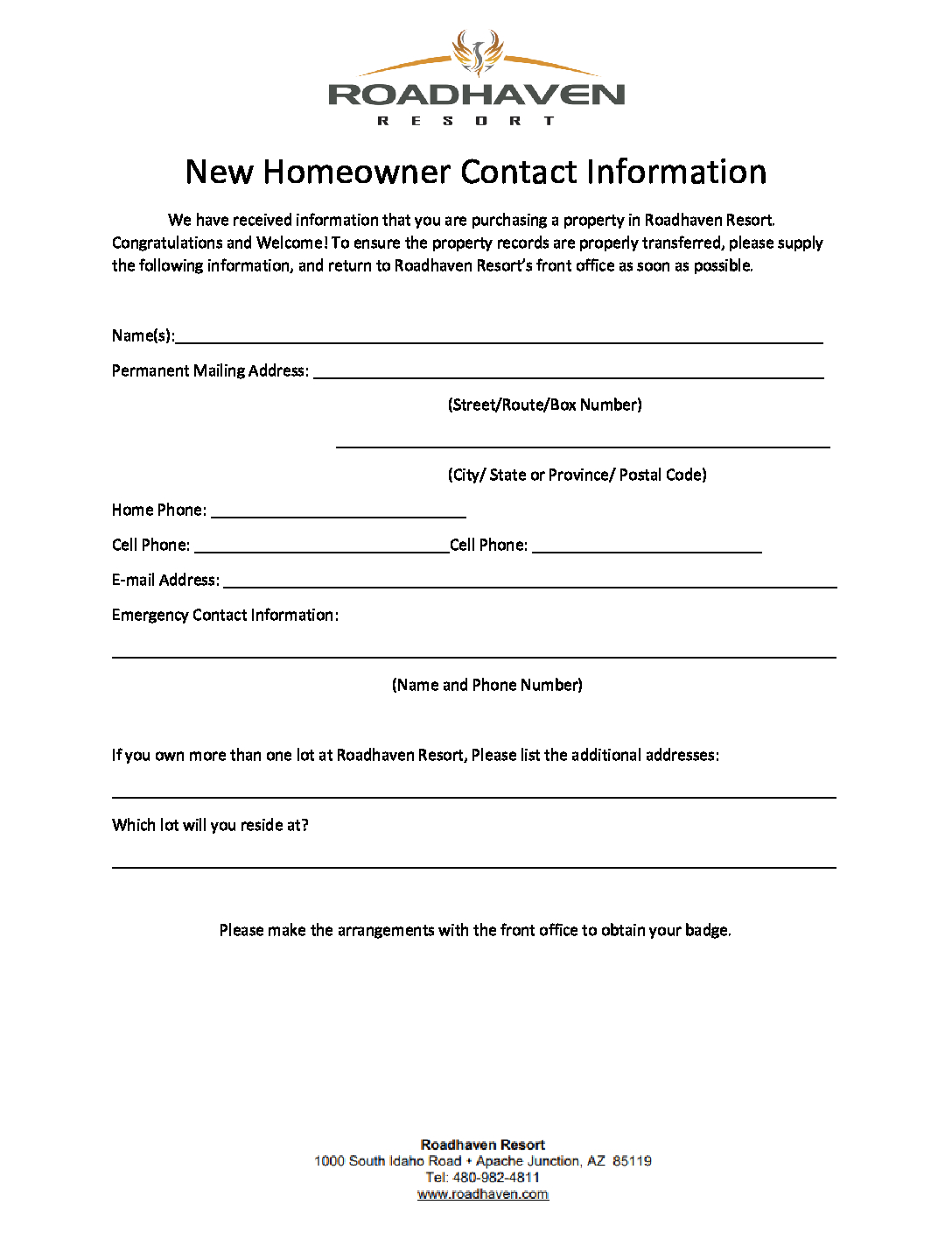 New Homeowner Contact Information – Roadhaven Resort