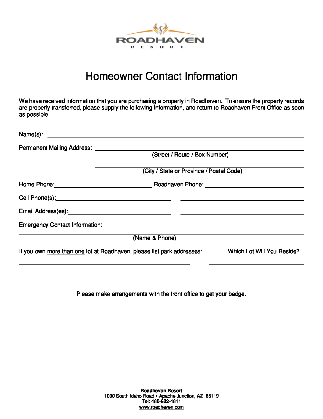 New Homeowner Contact Information – Roadhaven Resort