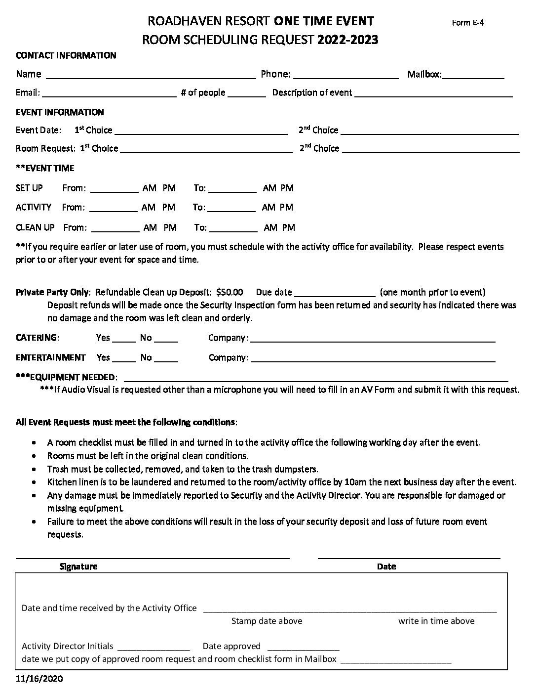 One time room request 2022-2023 – Roadhaven Resort