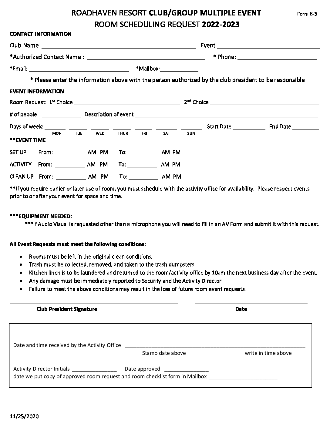 Club Multiple Event room request 2022-2023 | Roadhaven Resort