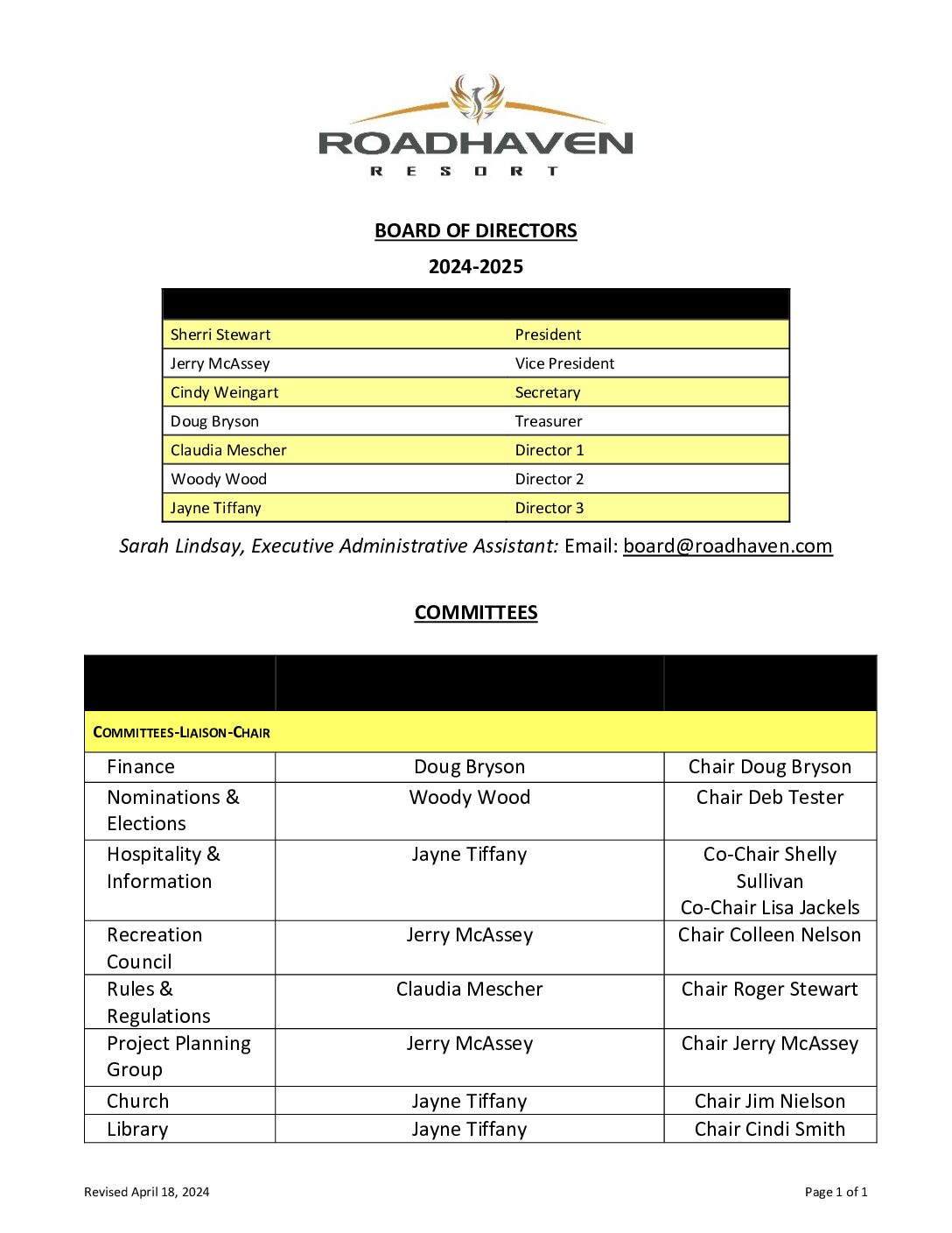 2024-2025 Board of Directors Liaison List – Roadhaven Resort