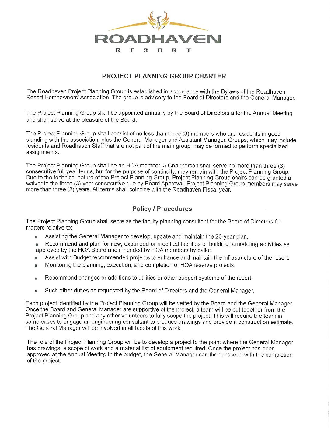 Project Planning Group Charter 2024 – Roadhaven Resort
